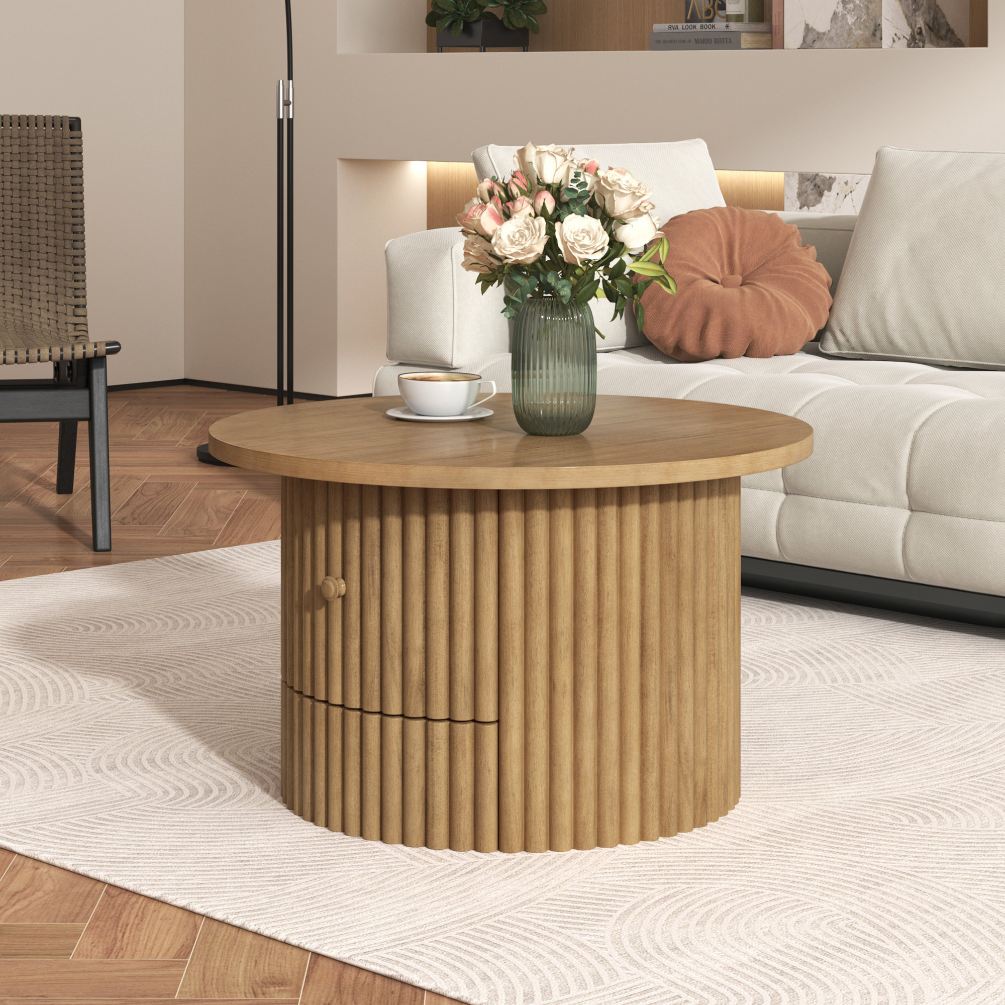 House of Hampton Round Coffee Table For Living Room In Natural, Farmhouse Coffee Table With A ...